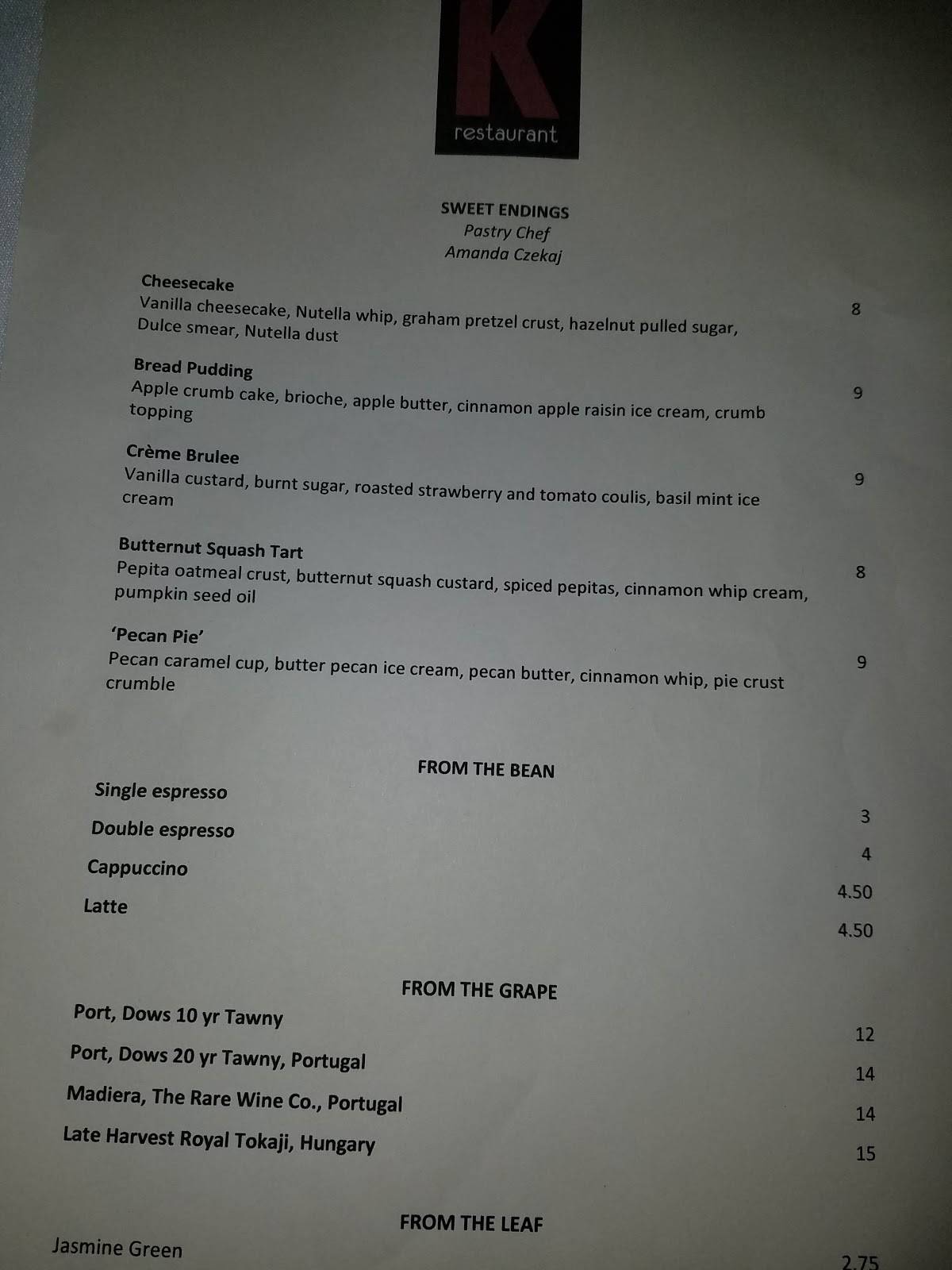 Menu at K Restaurant, Orlando