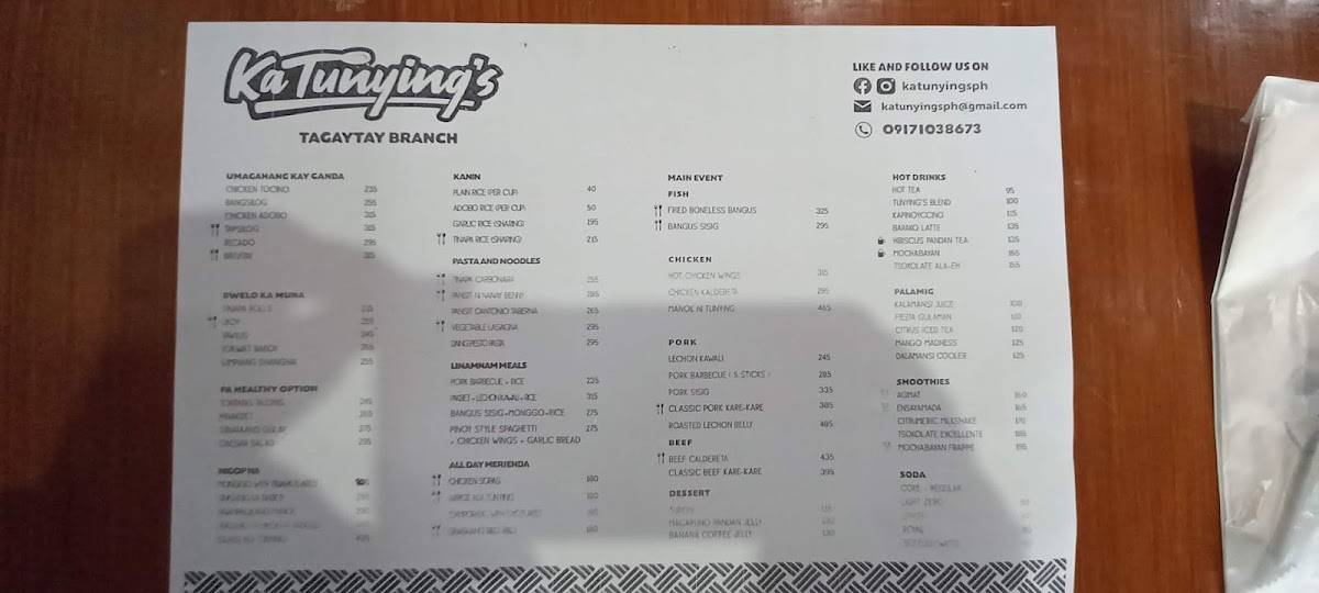 Menu at Ka Tunying's Tagaytay restaurant, Tagaytay, Unid D