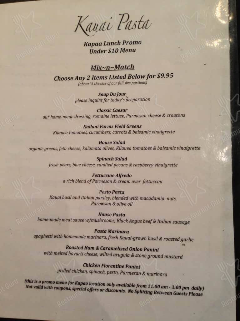 Menu at Kalena Fish Market restaurant, Lihue