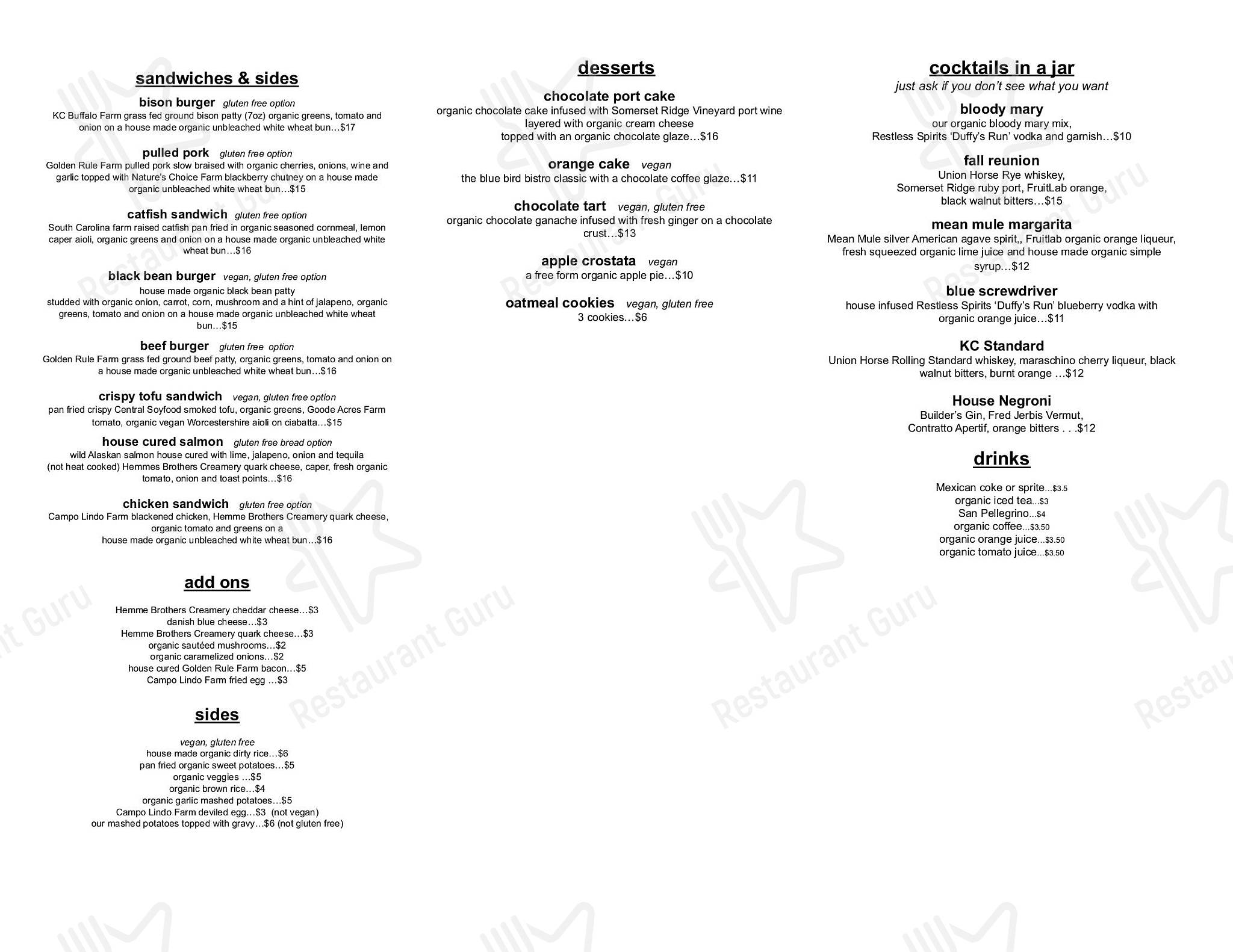 Menu at blue bird bistro restaurant, Kansas City