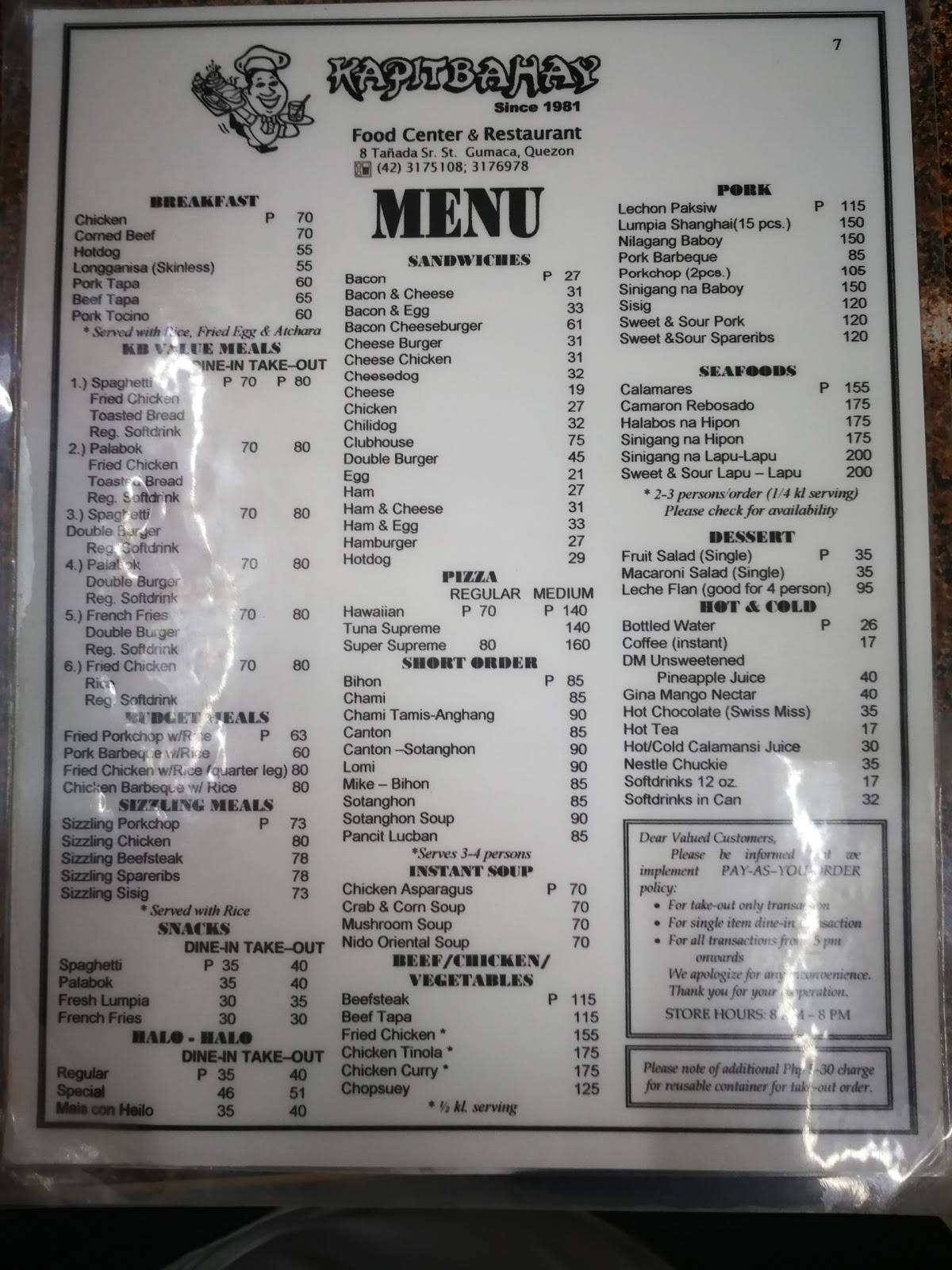 Carta de Kapit Bahay Restaurant, Gumaca
