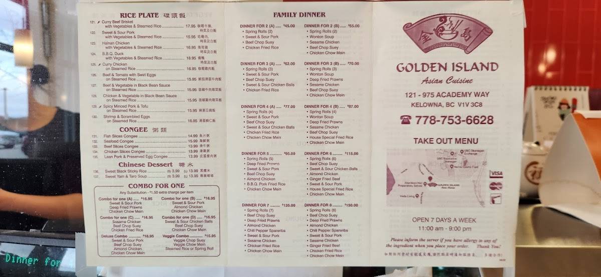 Menu at Golden Island Asian Cuisine restaurant, Kelowna