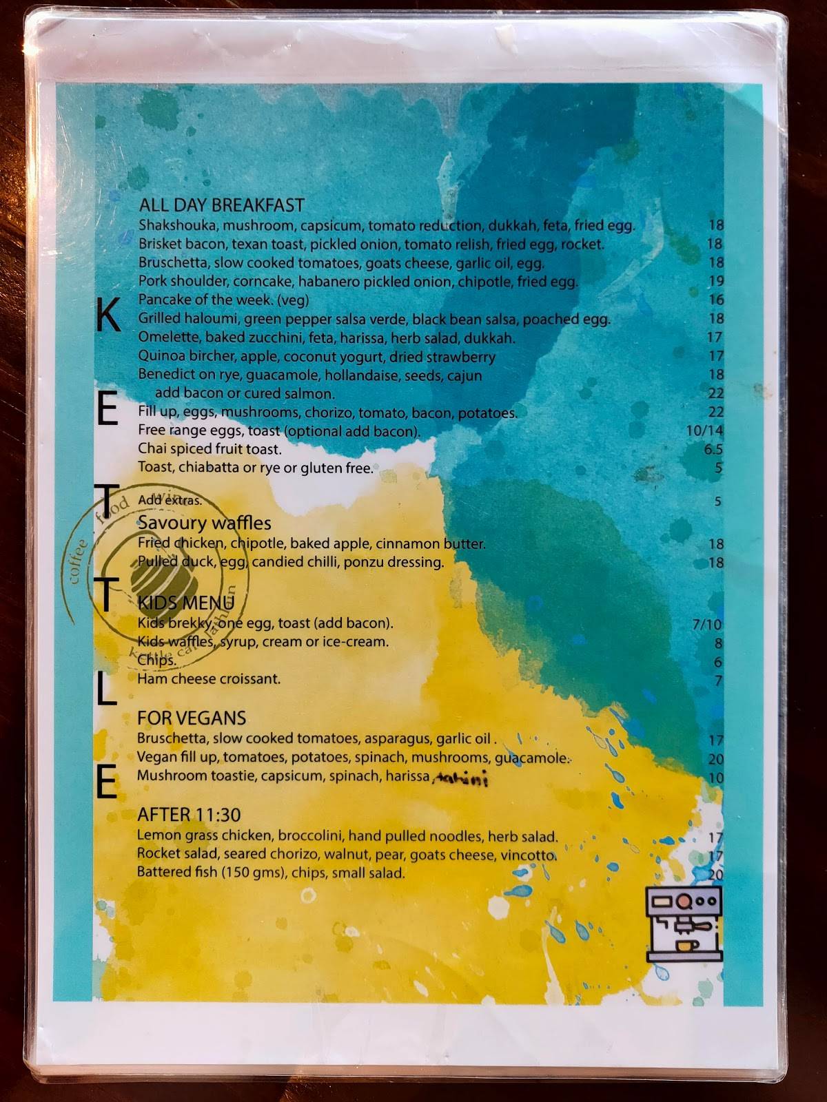 Menu at Kettle Cafe, Lathlain