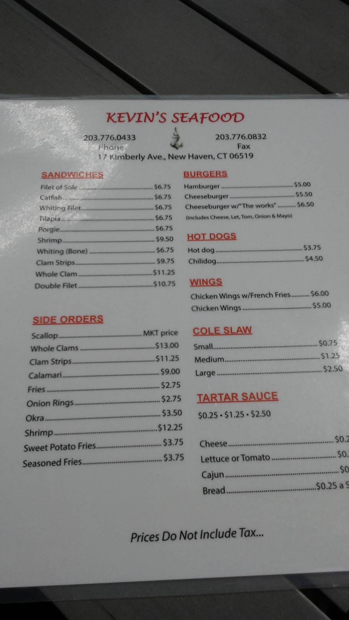 Menu at Kevin's Seafood restaurant, New Haven