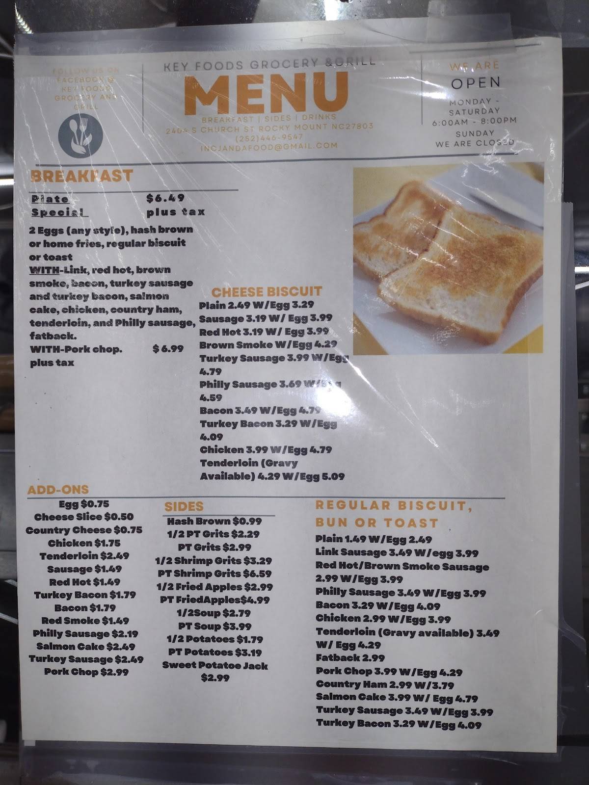 Menu at Key Food Supermarket restaurant, Rocky Mount