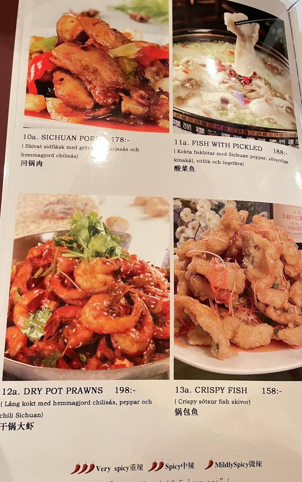 Menu at Sichuan restaurant, Malmö