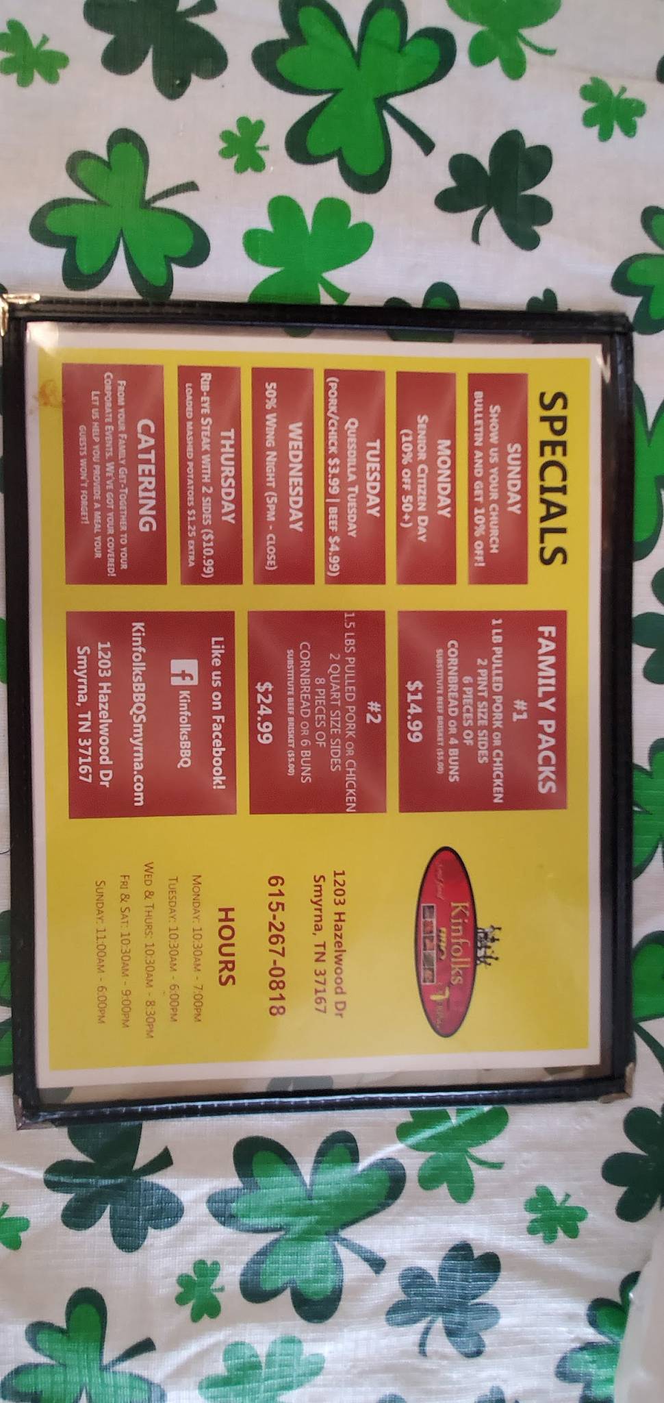 Menu at Kinfolks BBQ, Smyrna
