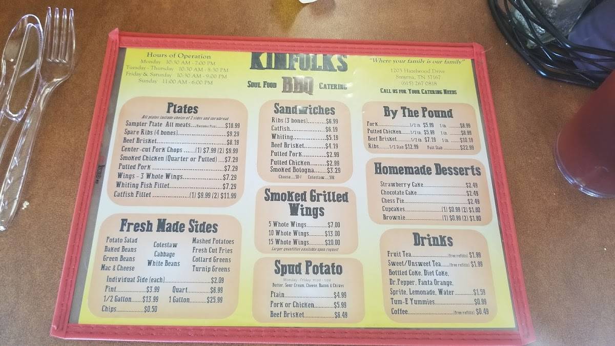 Menu at Kinfolks BBQ, Smyrna