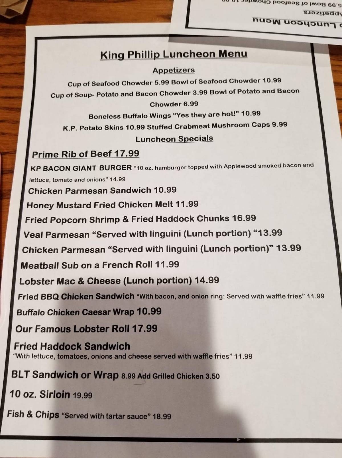 Menu at King Phillip Restaurant and Motel, Phillipston