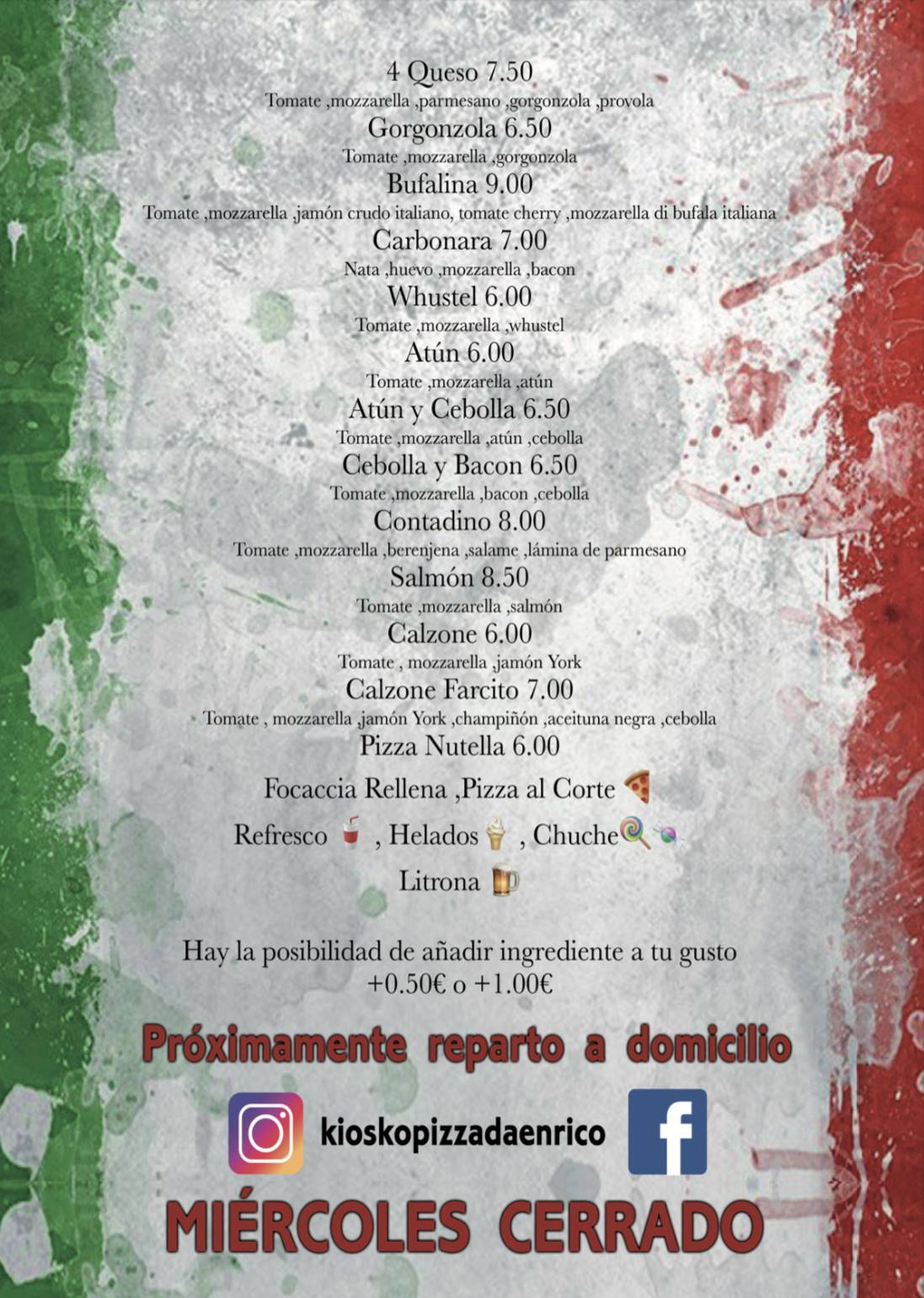 Carta de pizzería Kiosko Pizza Da Enrico, Zahara