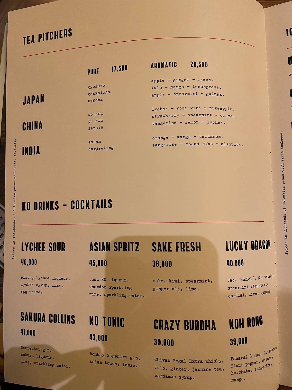 Carta del restaurante Ko Asian Kitchen, Bogotá
