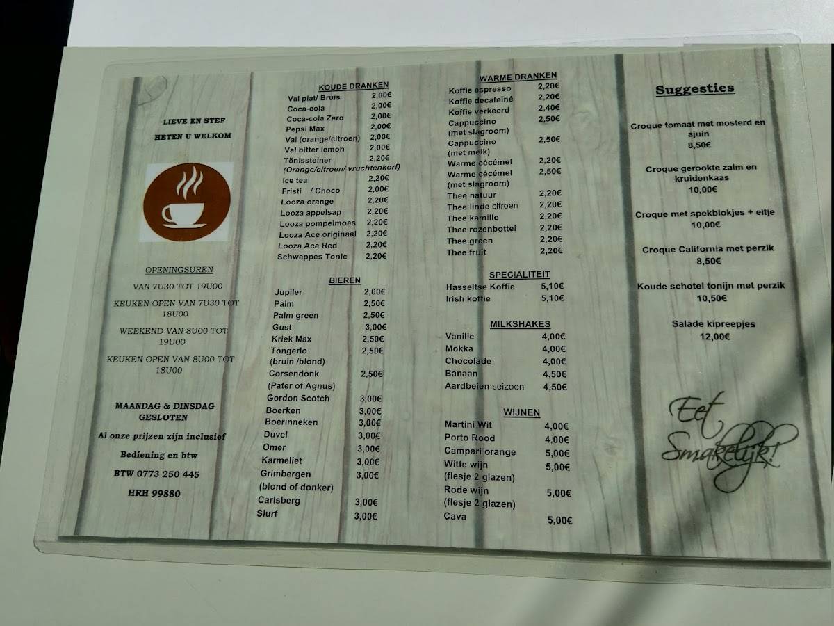 Menu at Koffiehuis Lieve, Zonhoven