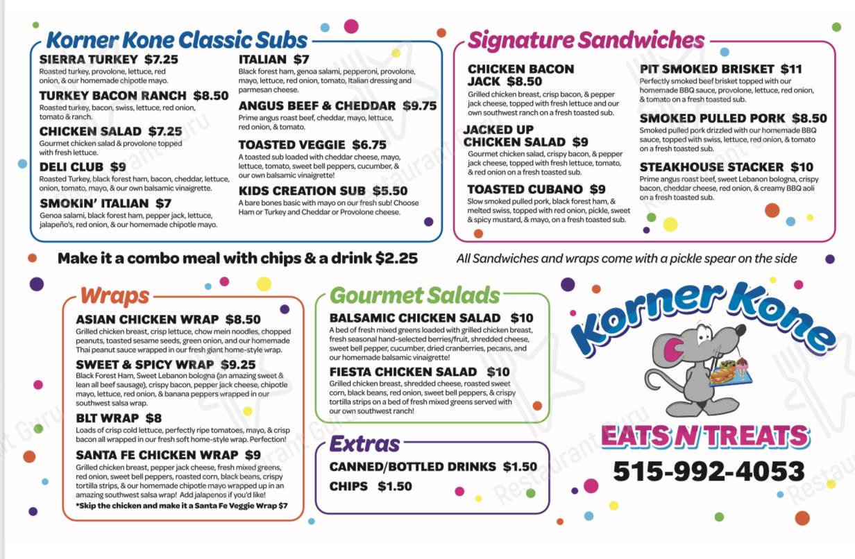 Menu at Korner Kone, Dallas Center