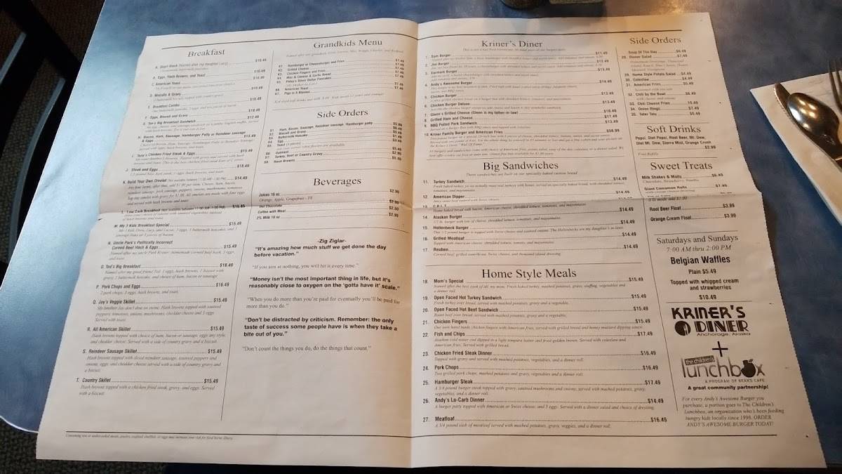 Menu at Kriner's Diner restaurant, Anchorage
