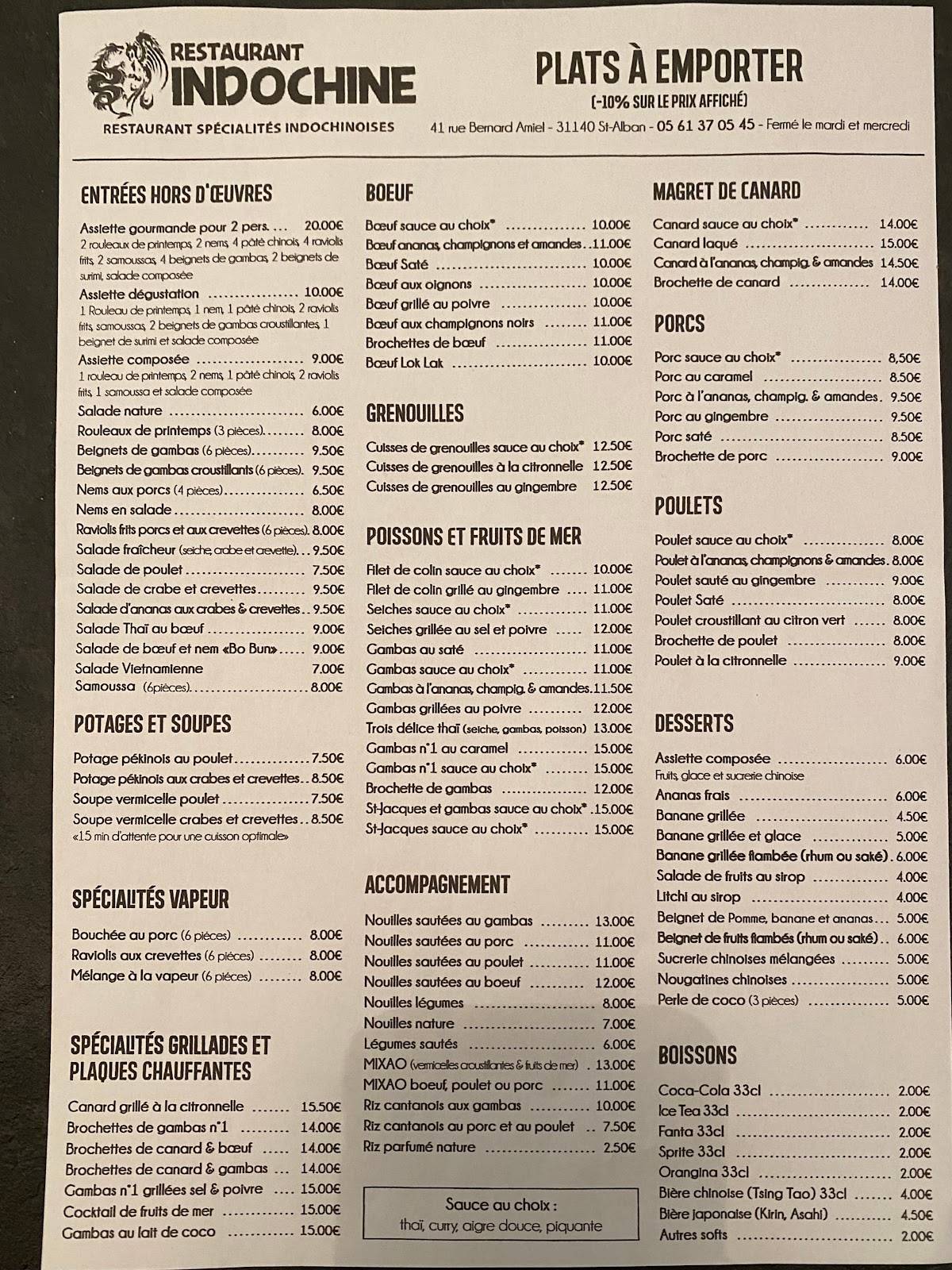 Menu au L'Indochine restaurant, Saint-Alban