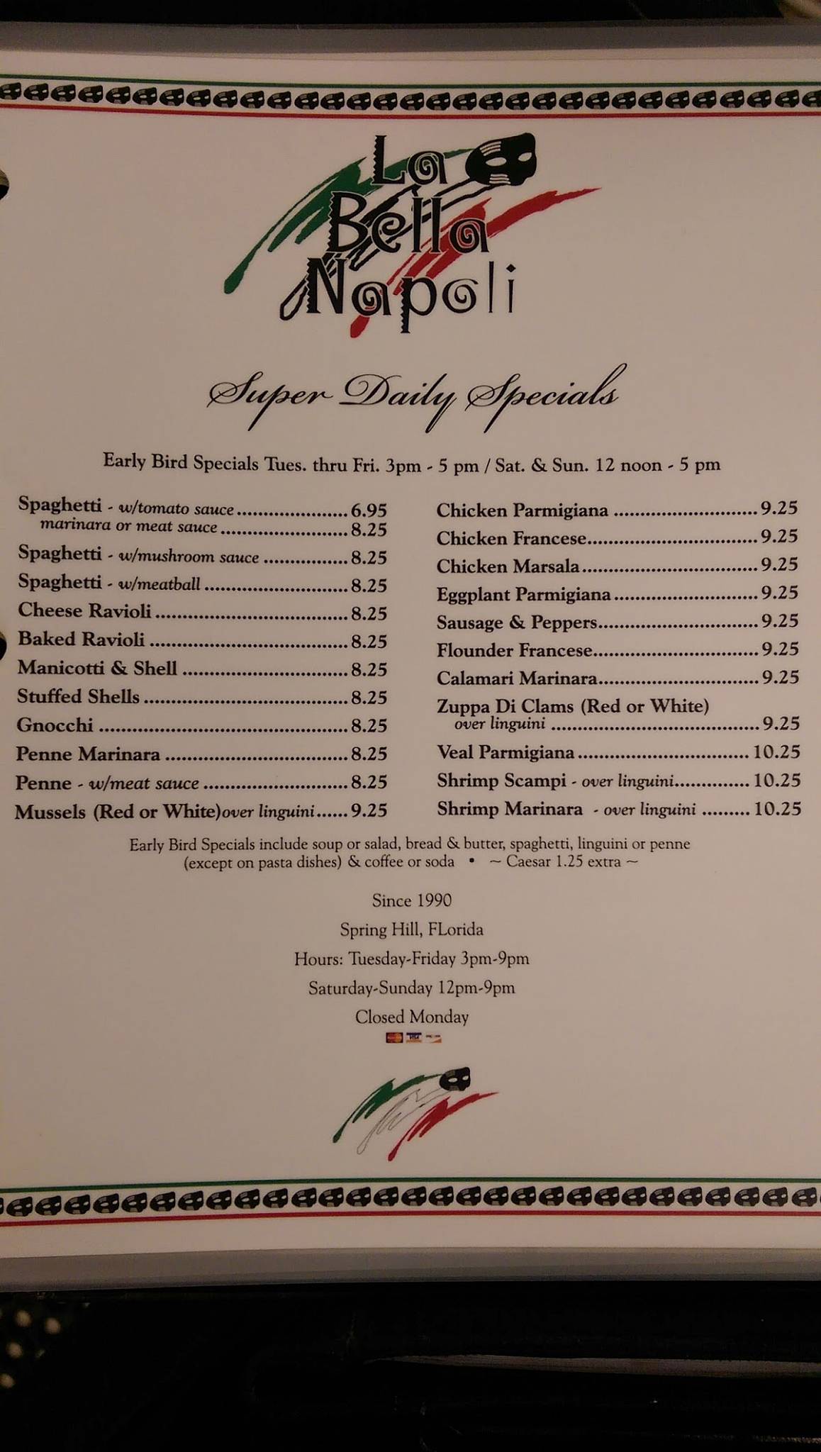 Menu at La Bella Napoli Restaurant, Spring Hill