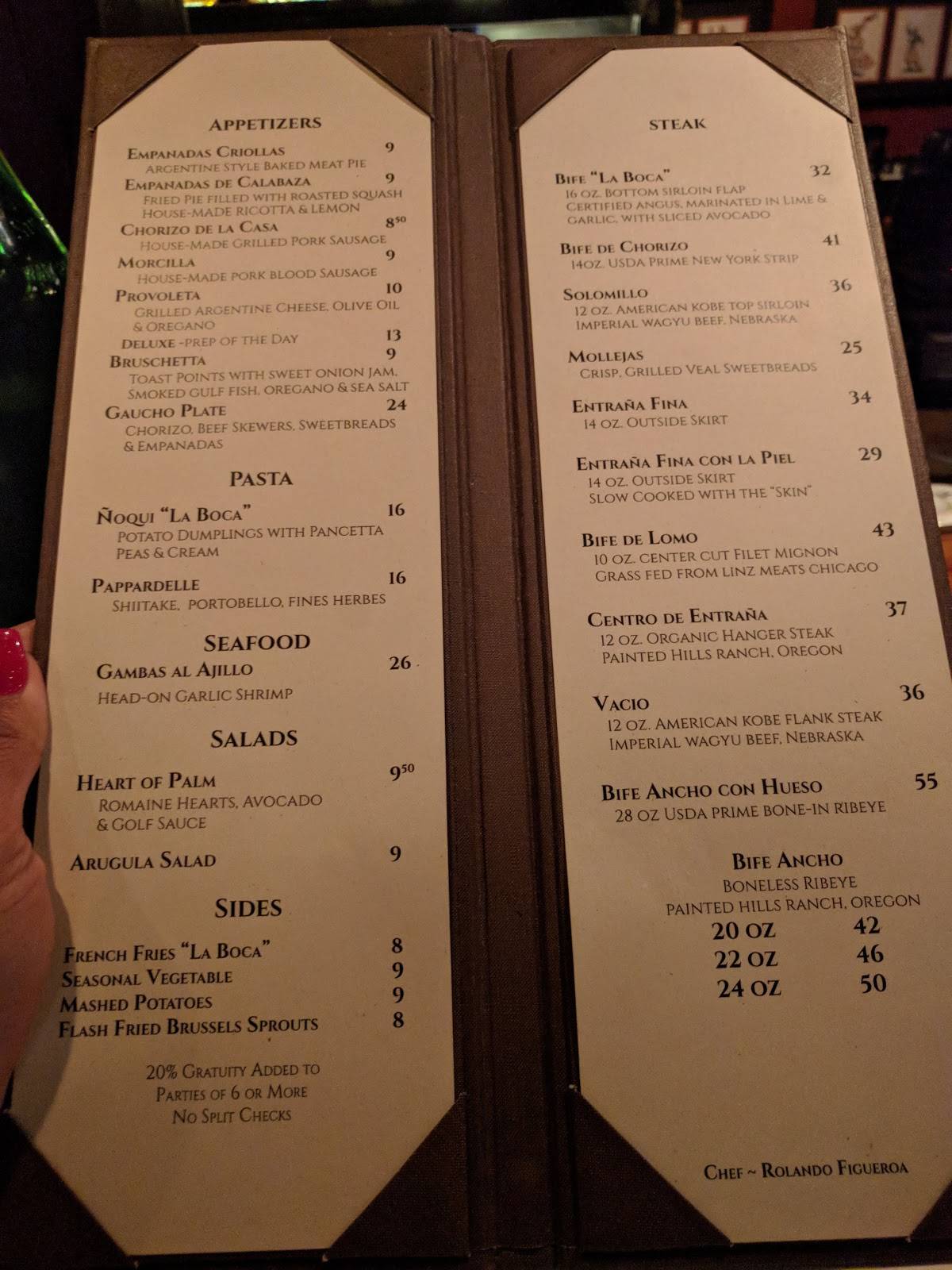 Menu at La Boca Steakhouse, New Orleans