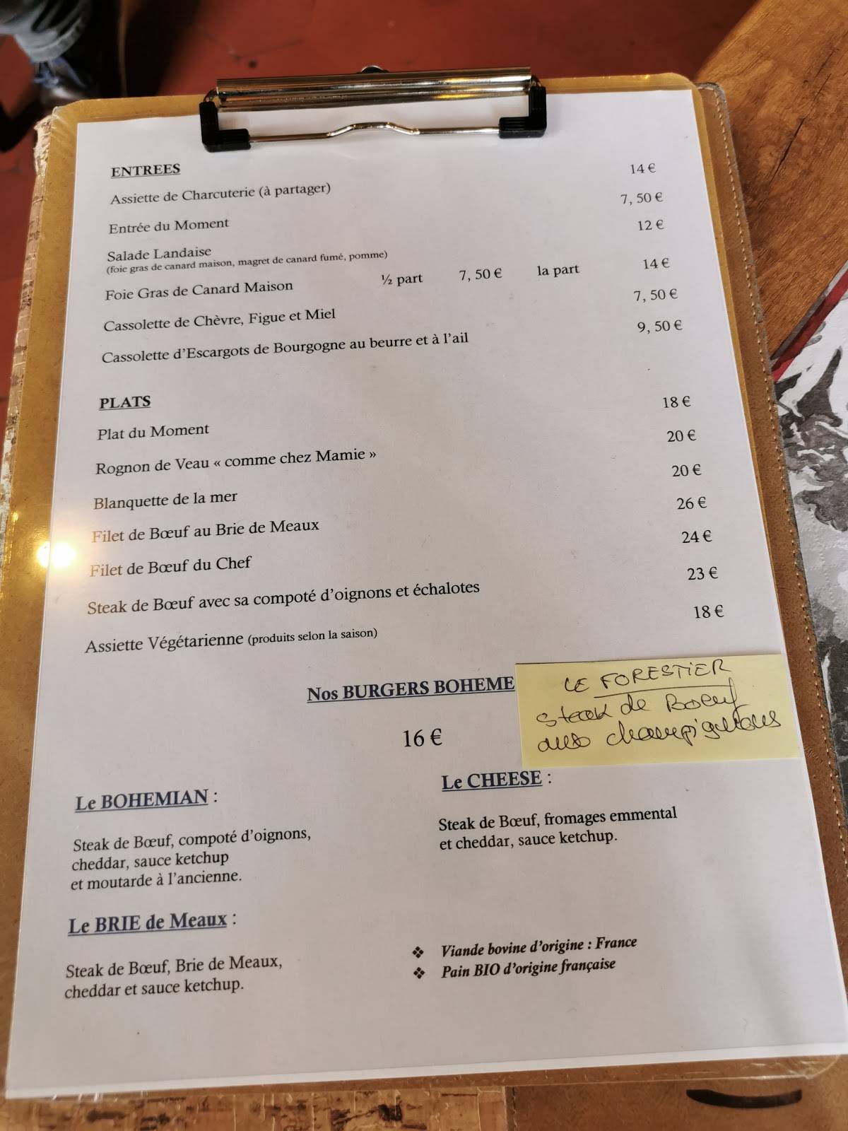 Menu au La Bohème restaurant, Barbizon