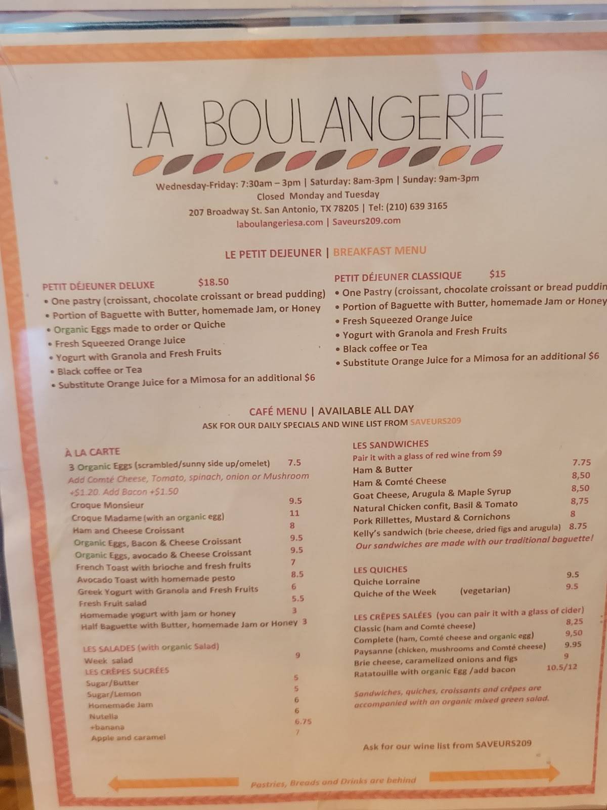 Menu at La Boulangerie cafe, San Antonio