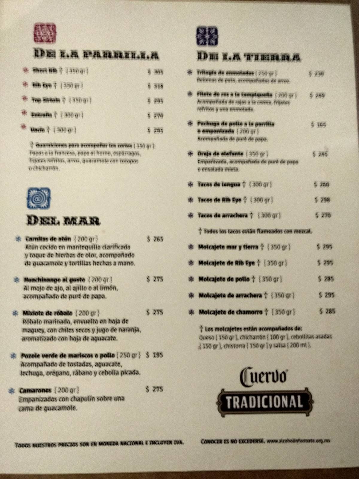 Carta del restaurante La Calaca, Ciudad del México, Centenario 2