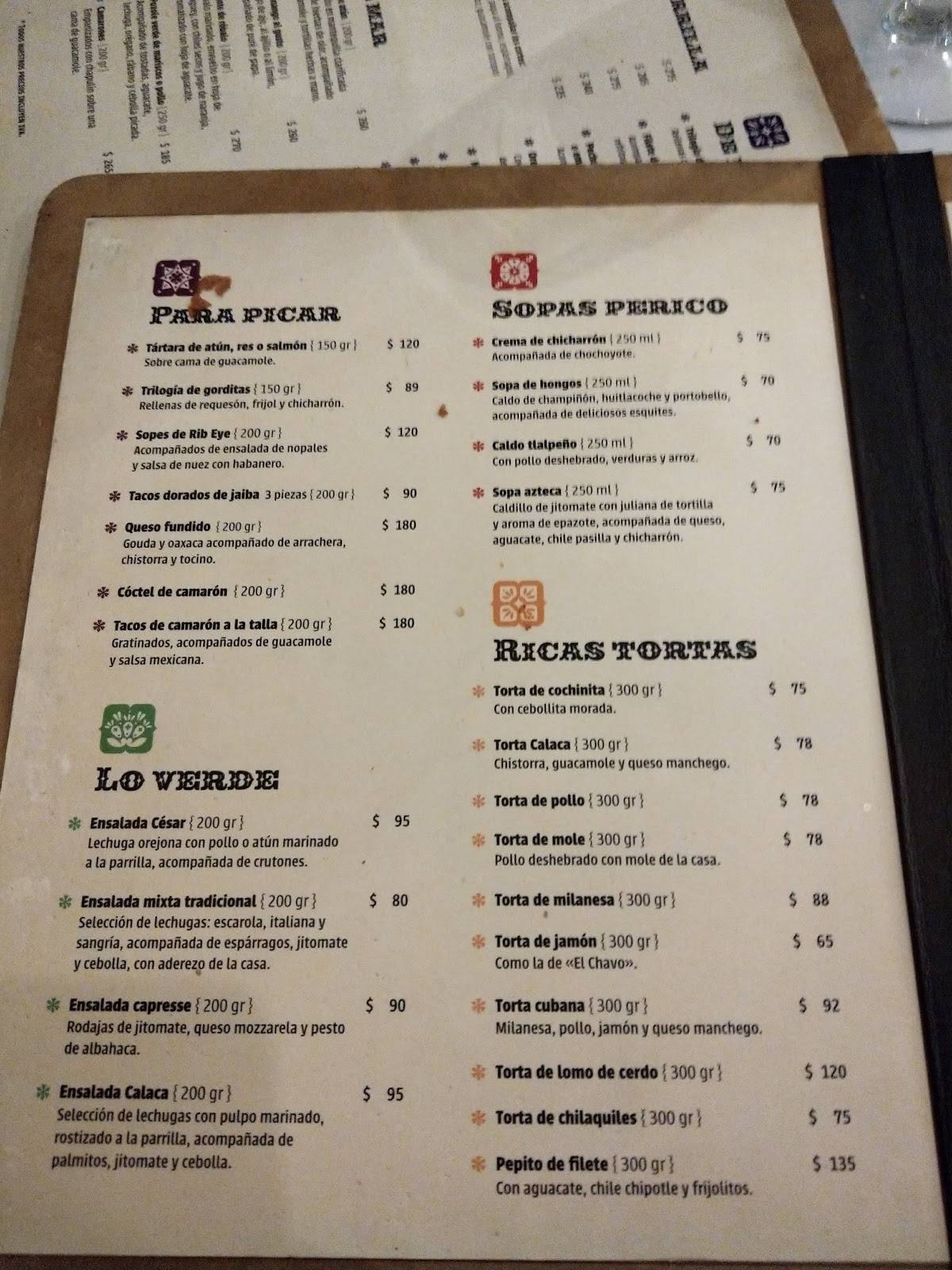 Carta del restaurante La Calaca, Ciudad del México, Centenario 2