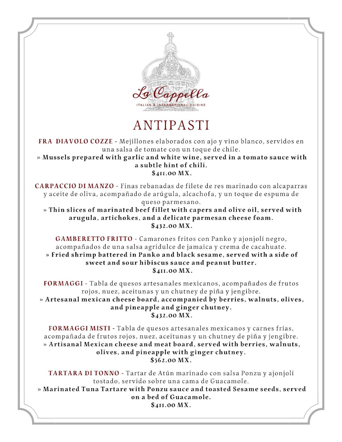 Menu at La Cappella Restaurante, Puerto Vallarta