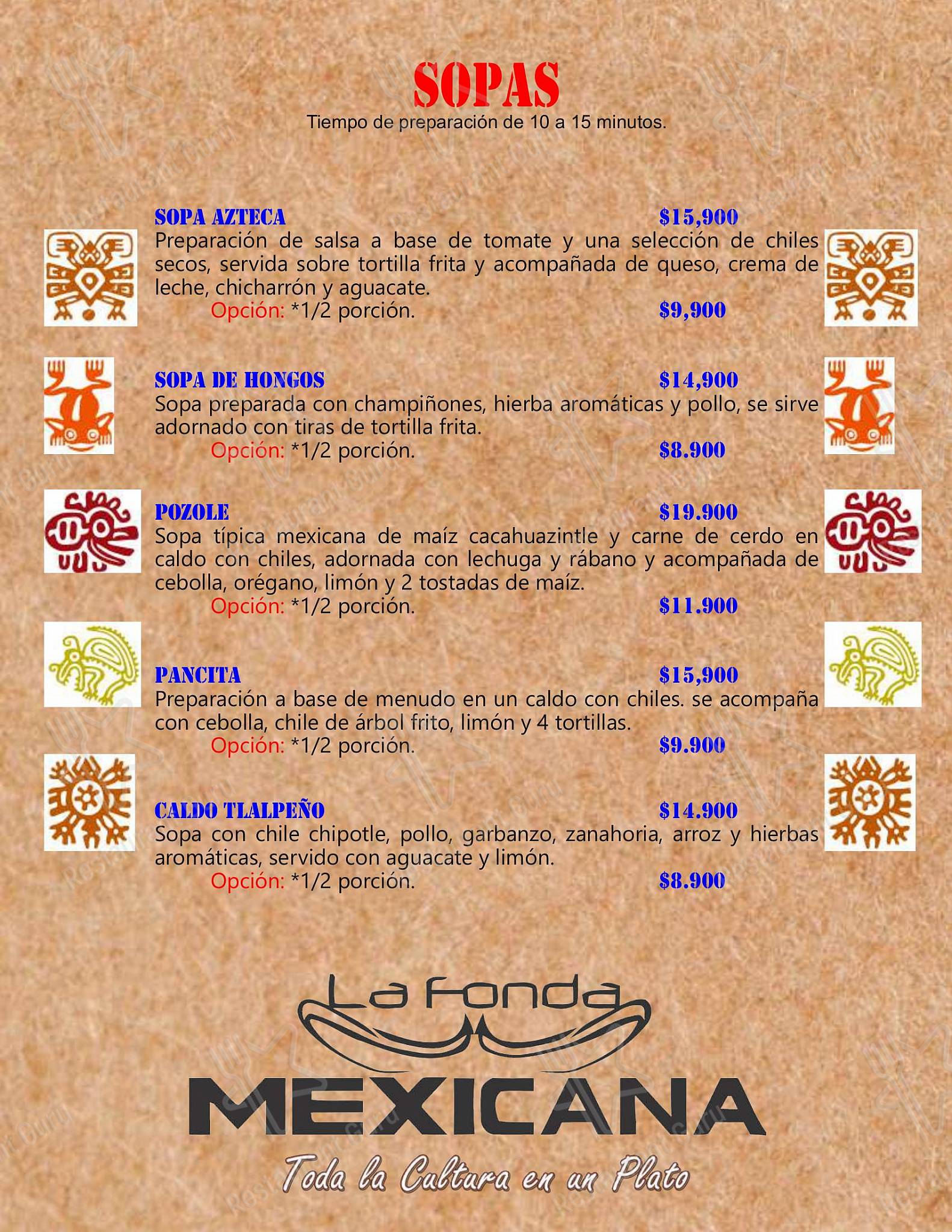 Carta del restaurante La Fonda Mexicana, Bogotá, Calle 50 No. 17-37