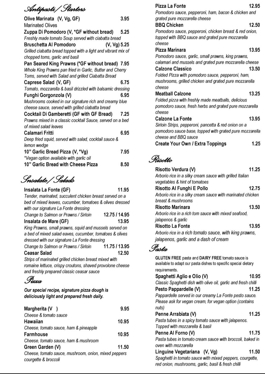Menu at La Fonte Italian Restaurant, Corby