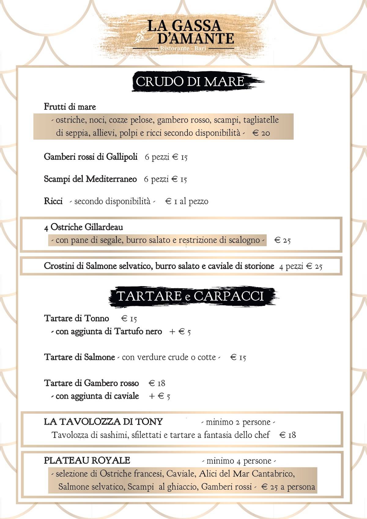 Menu da La Gassa D'Amante ristorante, Bari, Lungomare Starita
