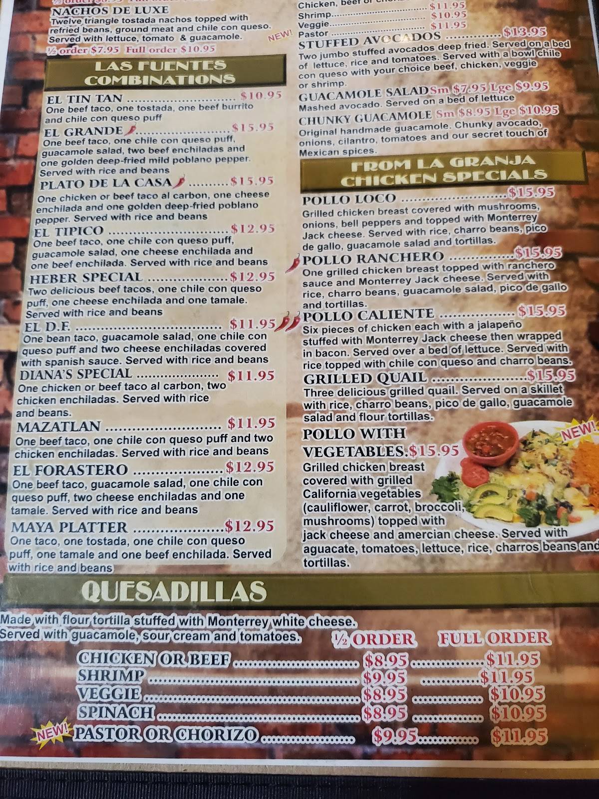 Menu at Las Fuentes restaurant, La Grange