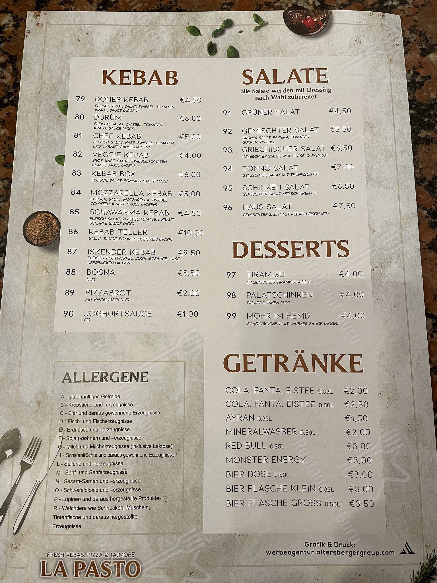 Menu au La Pasto - Kebab, Pizza & (A)more, Teufenbach