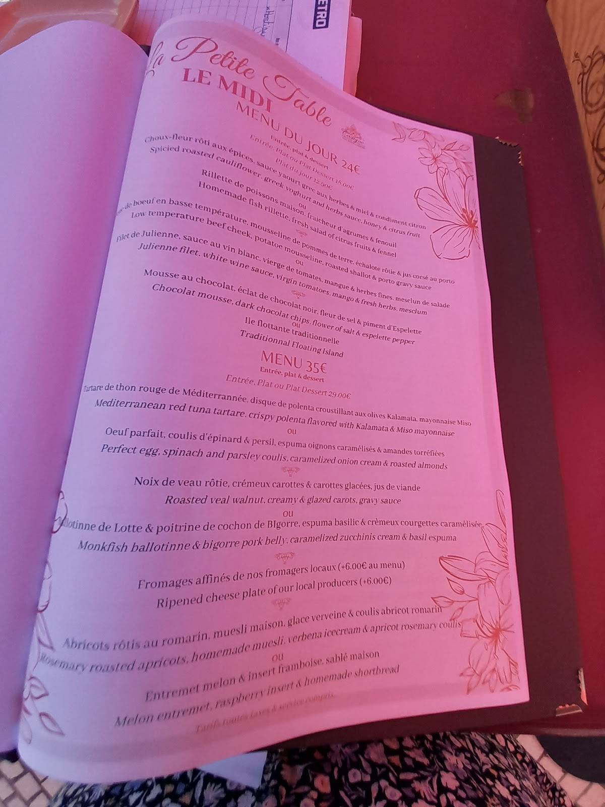 Menu au La Petite Table restaurant, Assignan