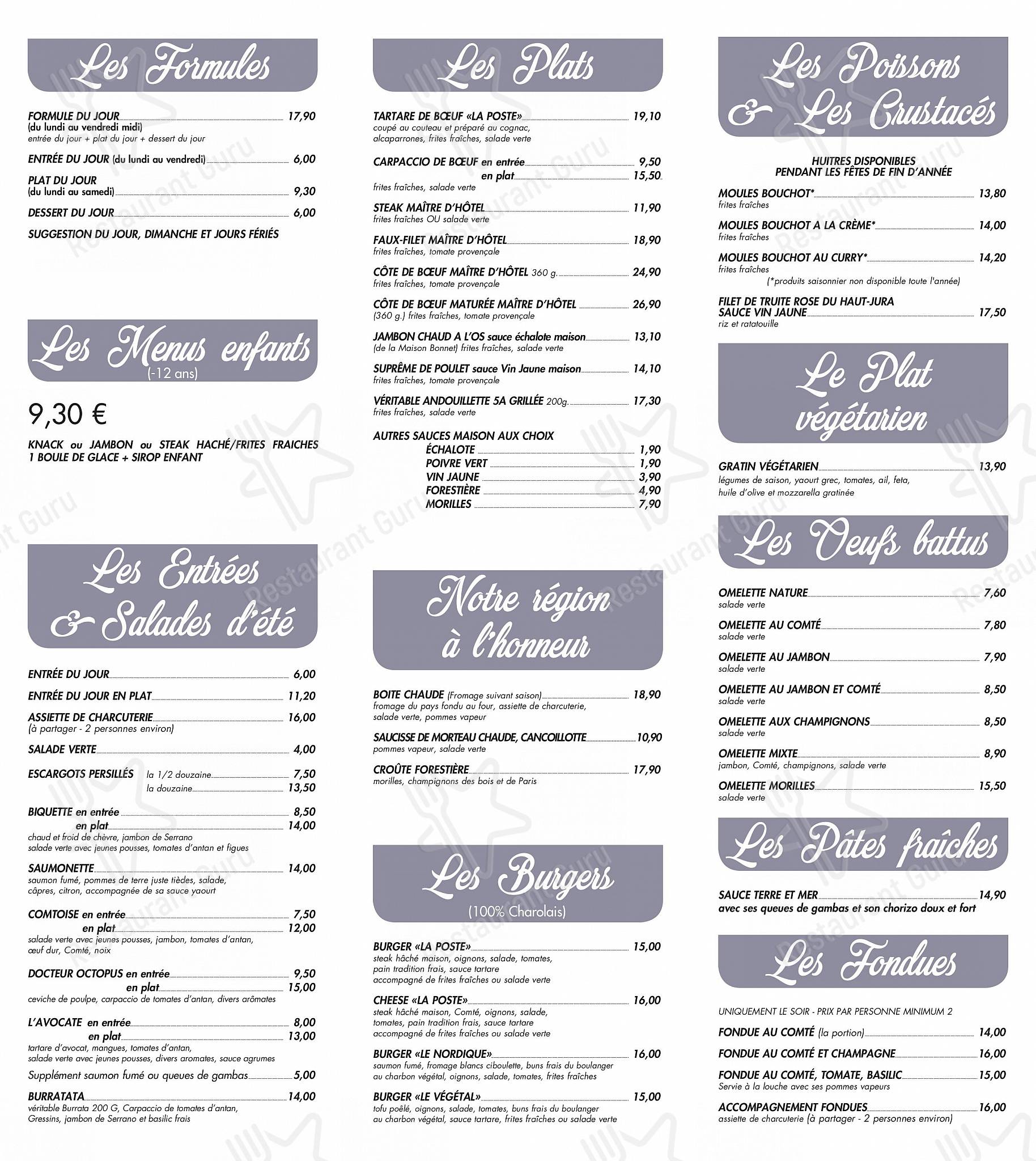 Menu au Brasserie De La Poste & La Suite restaurant, Pontarlier