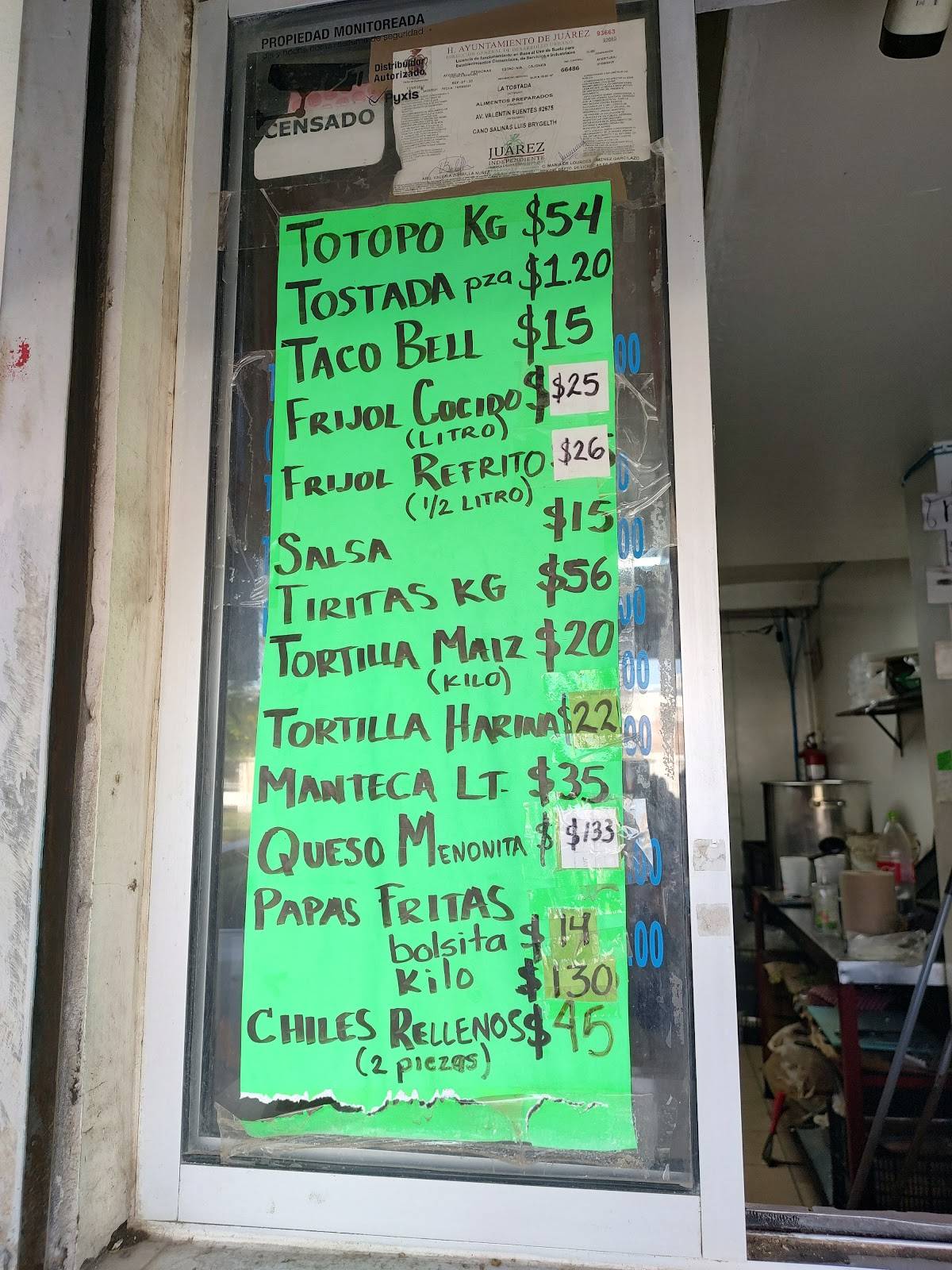 Carta del restaurante La Tostada, Ciudad Juarez