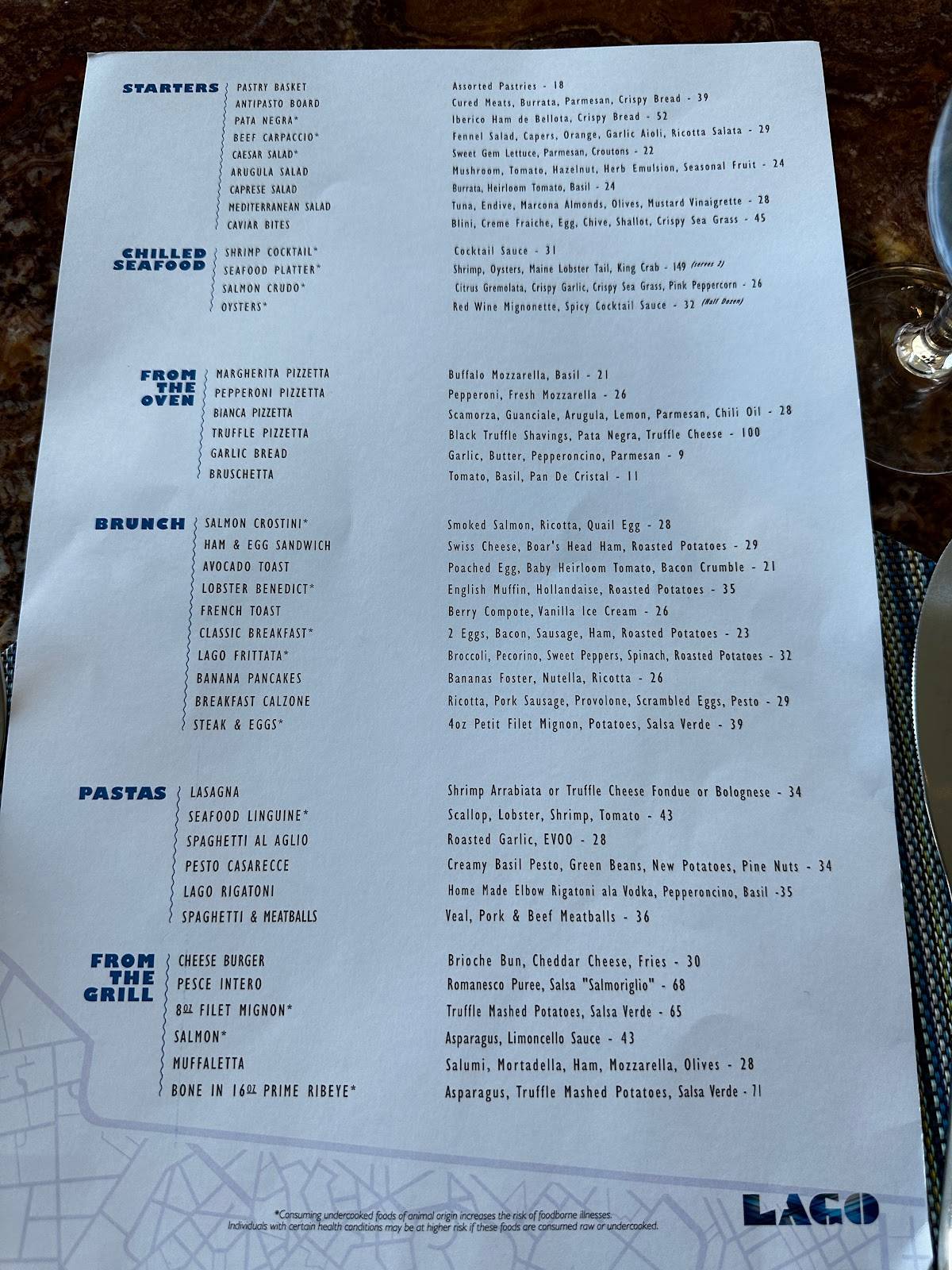 Menu at Lago restaurant, Las Vegas, 3600 S Las Vegas Blvd