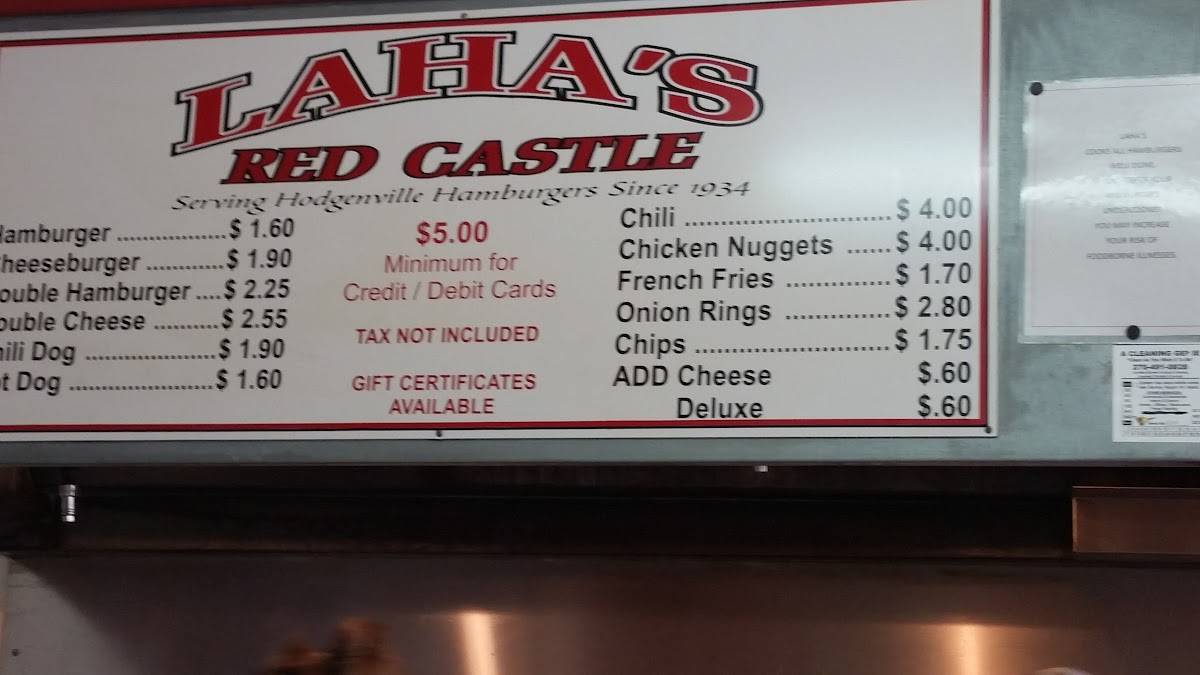 Menu at Laha's Red Castle fast food, Hodgenville