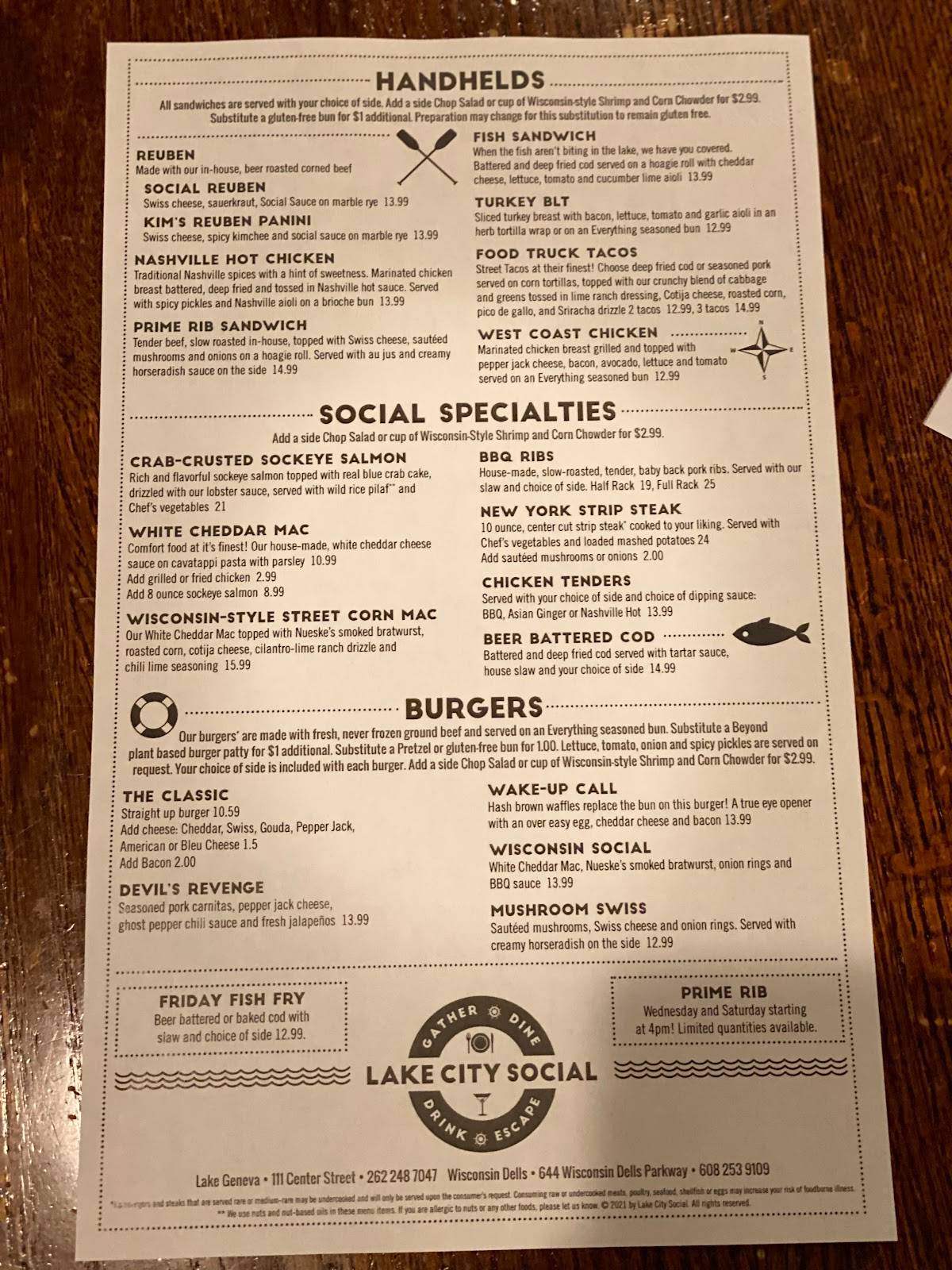 Menu at Lake City Social pub & bar, Lake Geneva