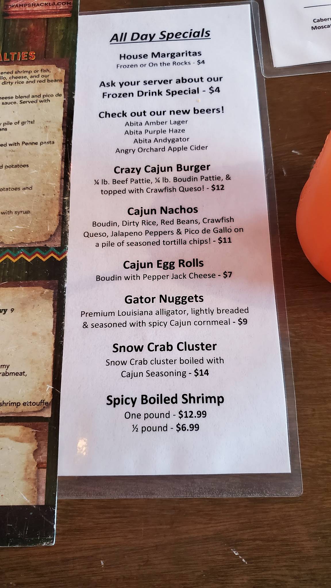 Menu at Swamp Shack Lake Jackson restaurant, Lake Jackson