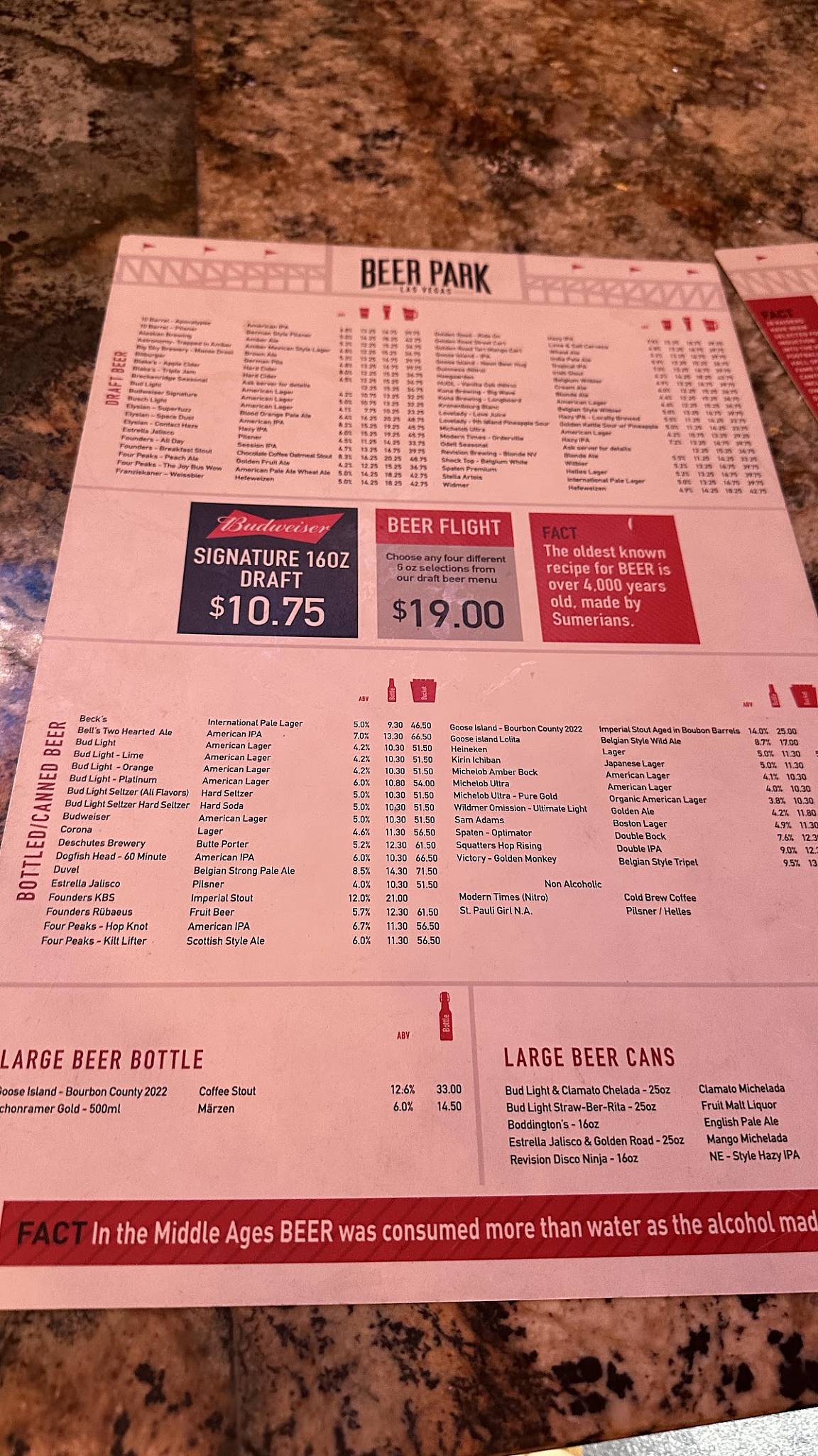 Menu at Beer Park pub & bar, Las Vegas, S Las Vegas Blvd