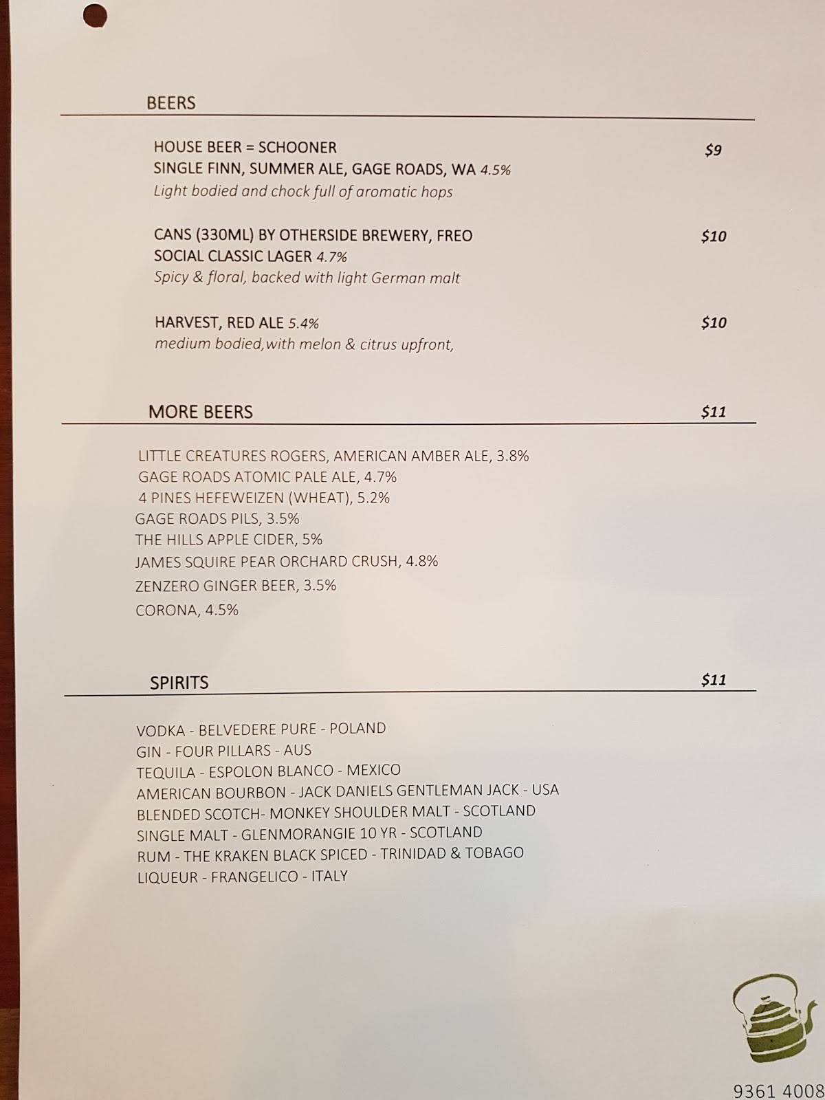 Menu at Kettle Cafe, Lathlain