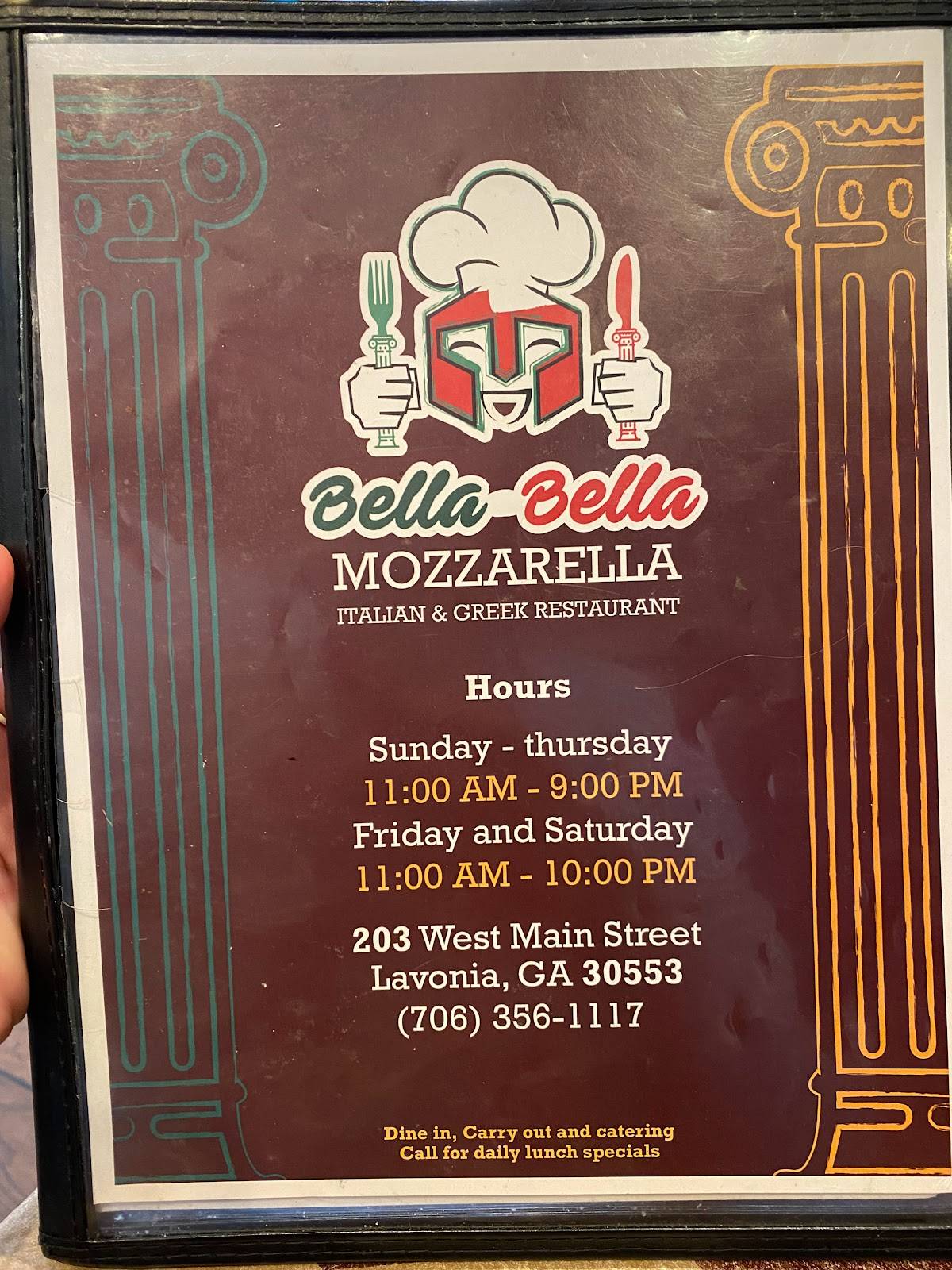 Menu at Bella Bella Mozzarella restaurant, Lavonia