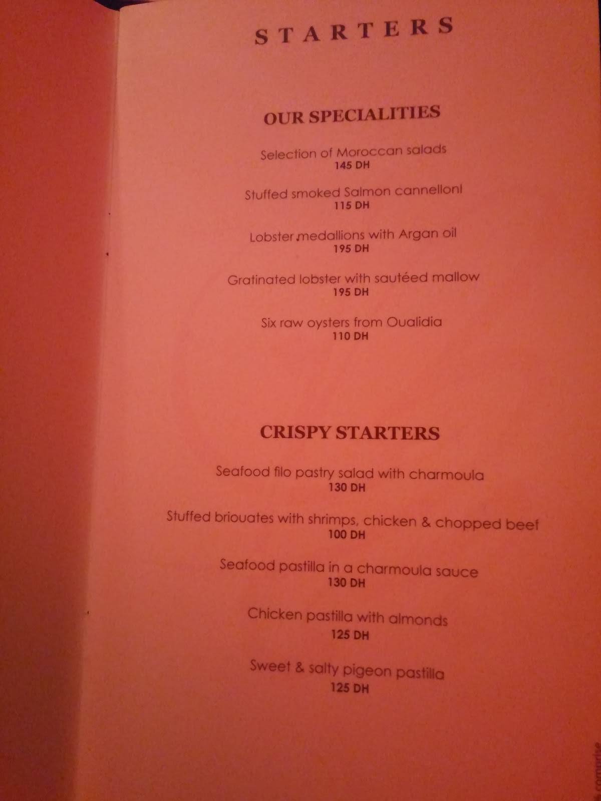 Menu at Le Basmane restaurant, Casablanca