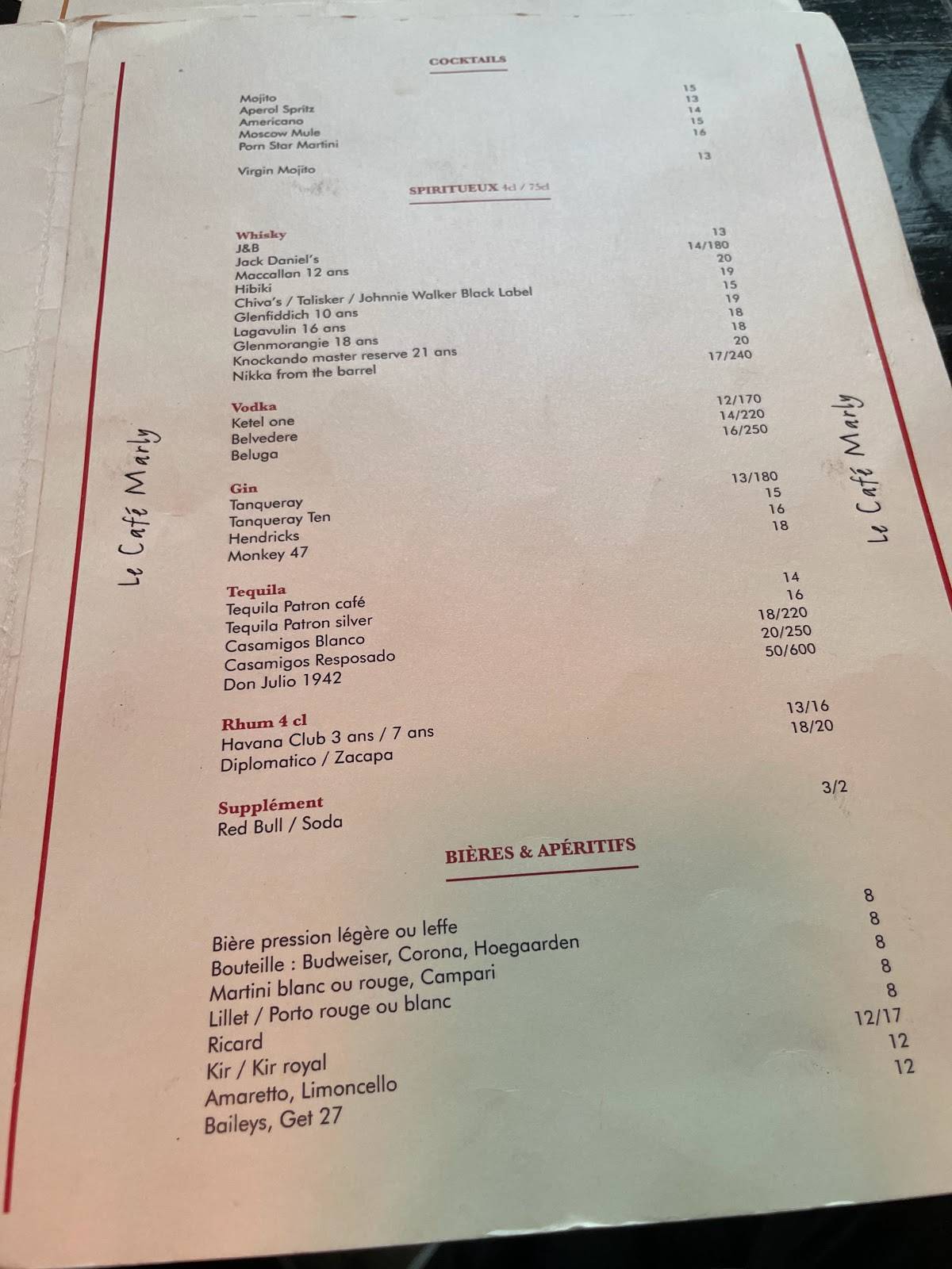 Menu at Le Café Marly, Paris, 93 Rue de Rivoli