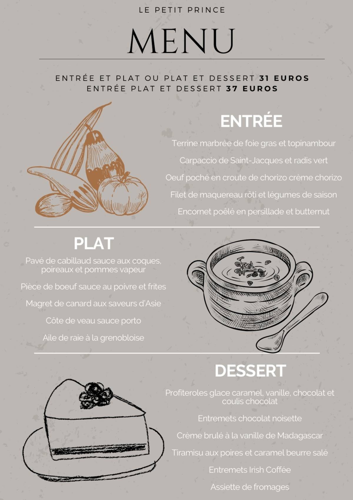 Menu au Le Petit Prince restaurant, Chartres