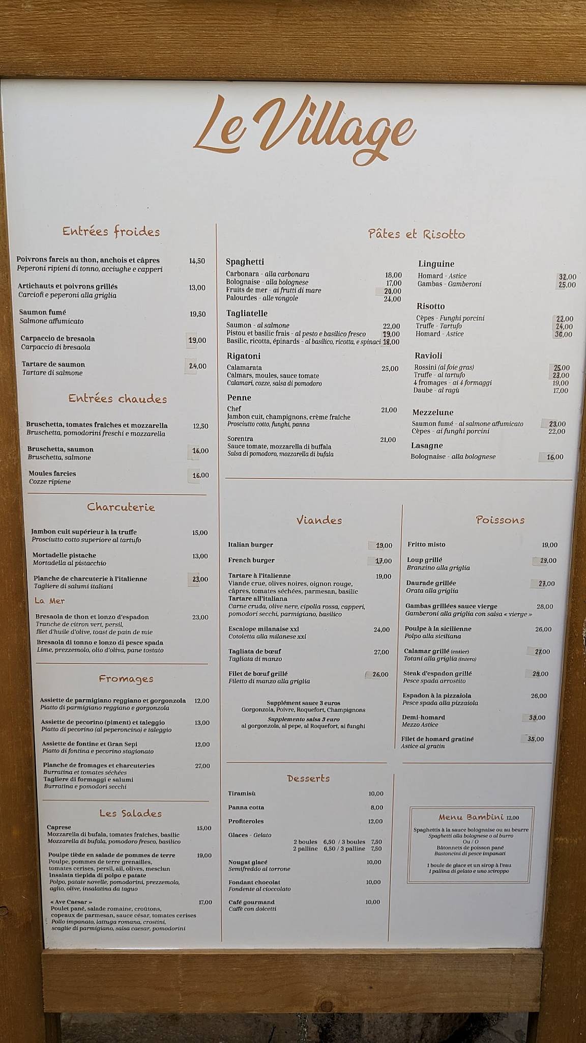 Menu at Le Village restaurant, Antibes, 31 Rue James Close