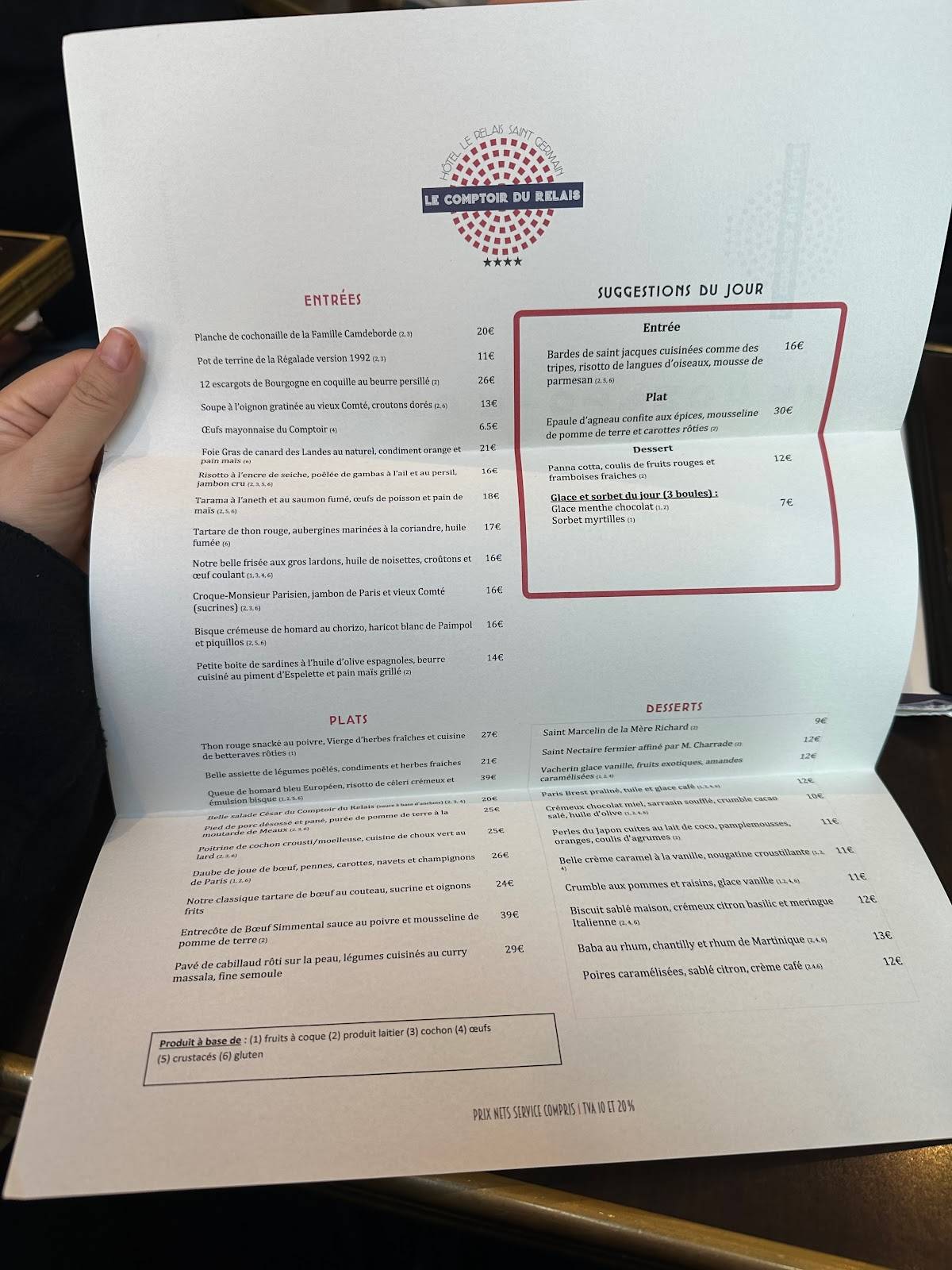 Menu au Le comptoir du Relais café, Paris, 9 Carr de l'Odéon