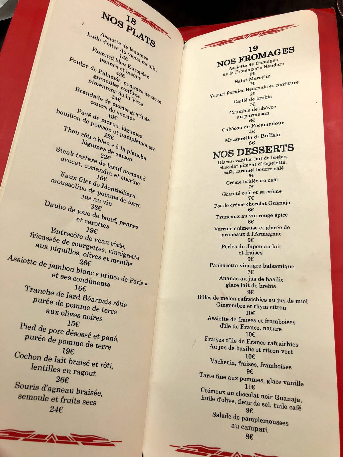 Menu au Le comptoir du Relais café, Paris, 9 Carr de l'Odéon