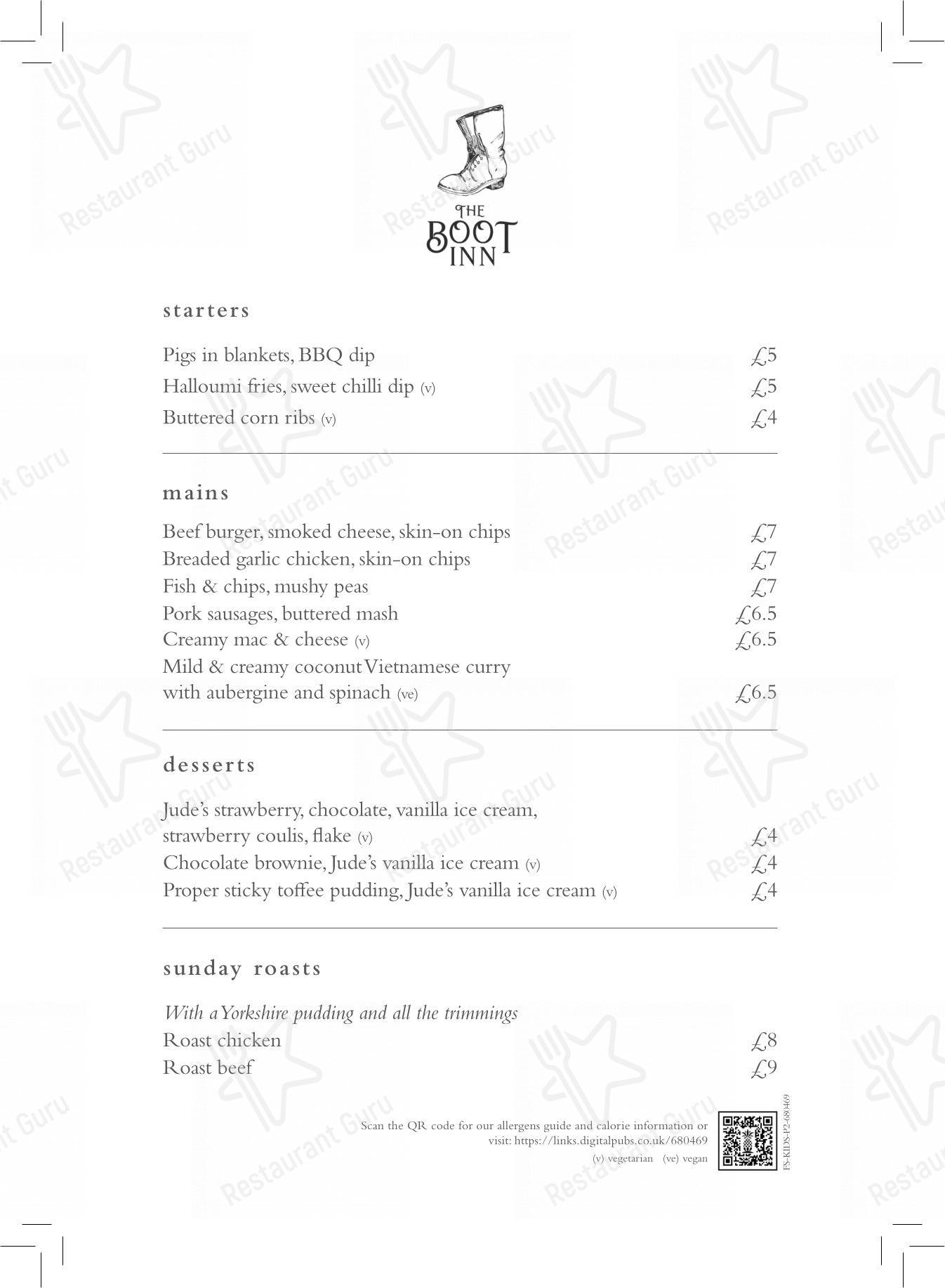 Menu at The Boot Inn restaurant, Leighton Buzzard, 51 High Rd