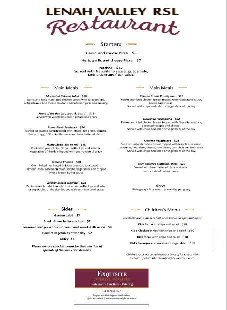 Menu at Lenah Valley RSL club, Lenah Valley
