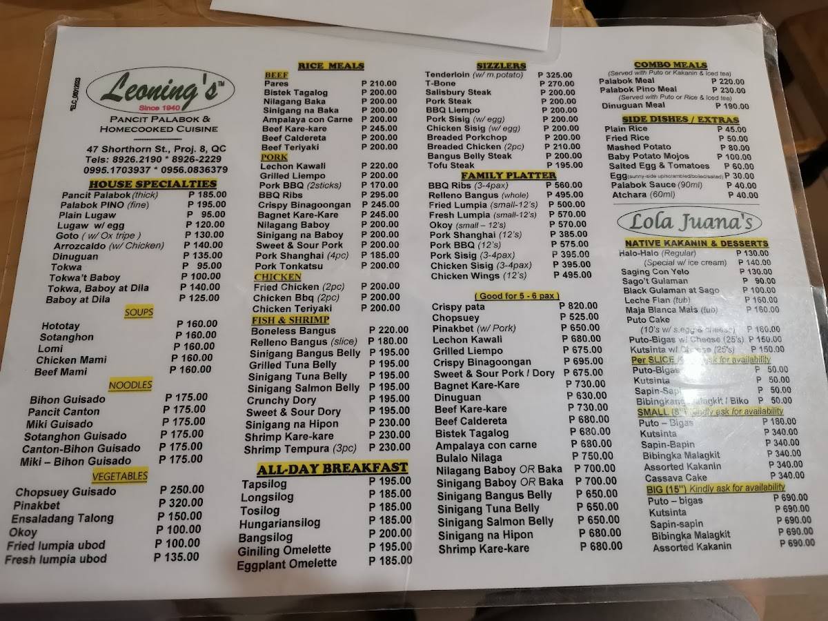 Menu at Leoning's Pancit Palabok restaurant, Quezon City, 1106 Shorthorn St